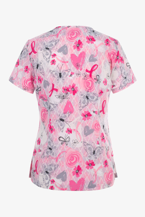 koi Basics BCRF Pretty Ribbon Women's 2-Pocket STRETCH V-Neck Print ...