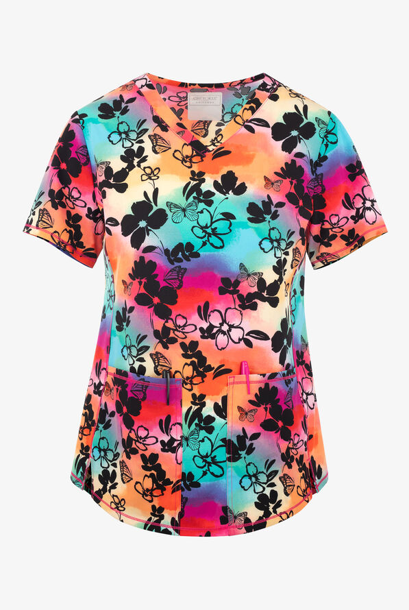Cherokee Garden Rainbow Floral Women's 2-Pocket STRETCH V-Neck Print ...