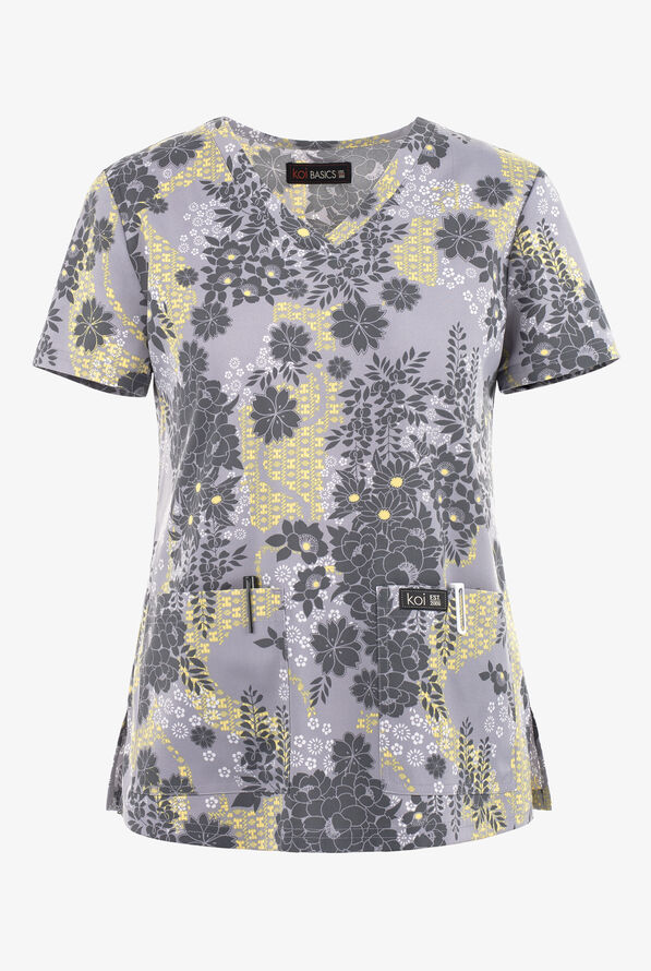 koi Basics Lace Platinum Floral Women's 2-Pocket STRETCH V-Neck Print ...