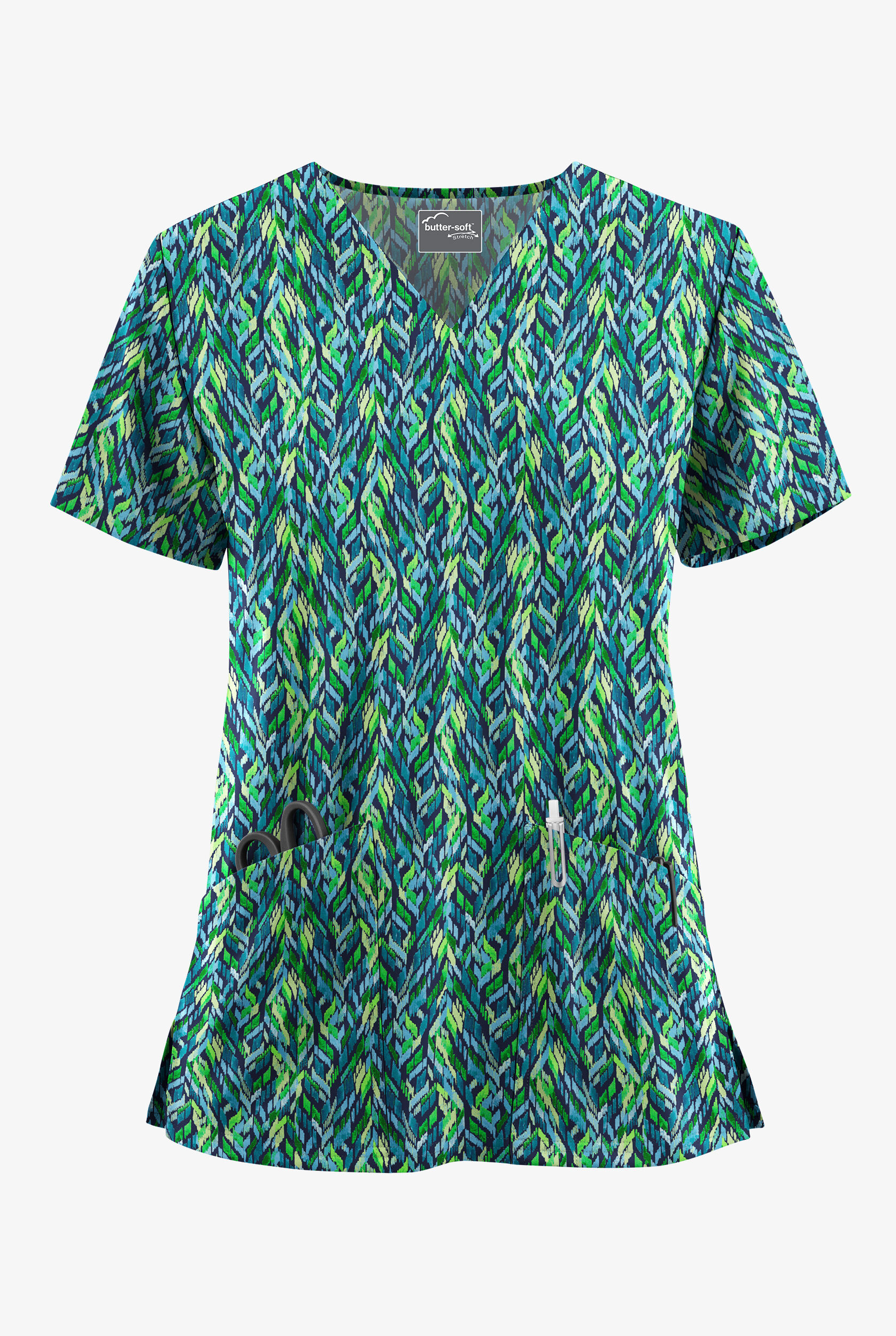 UA Butter-Soft STRETCH Geometric Path Navy Women's 2-Pocket V-Neck ...