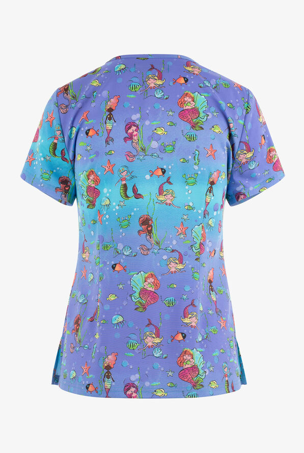 koi Basics Mermaid Cove Ombre Women's 2-Pocket STRETCH V-Neck Print ...