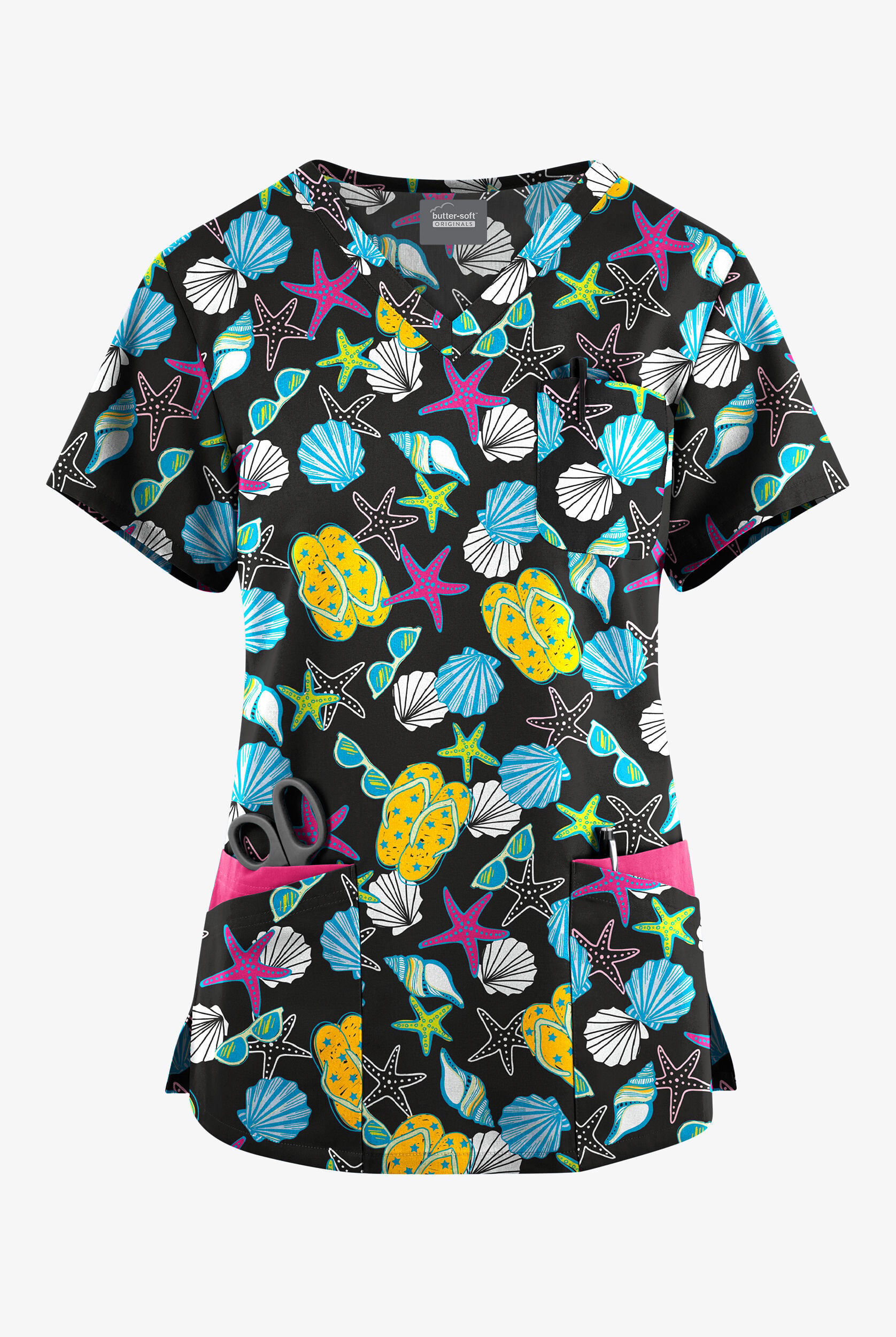 Butter-Soft Walk On The Beach Black Printed Women's 7-Pocket Rounded V ...