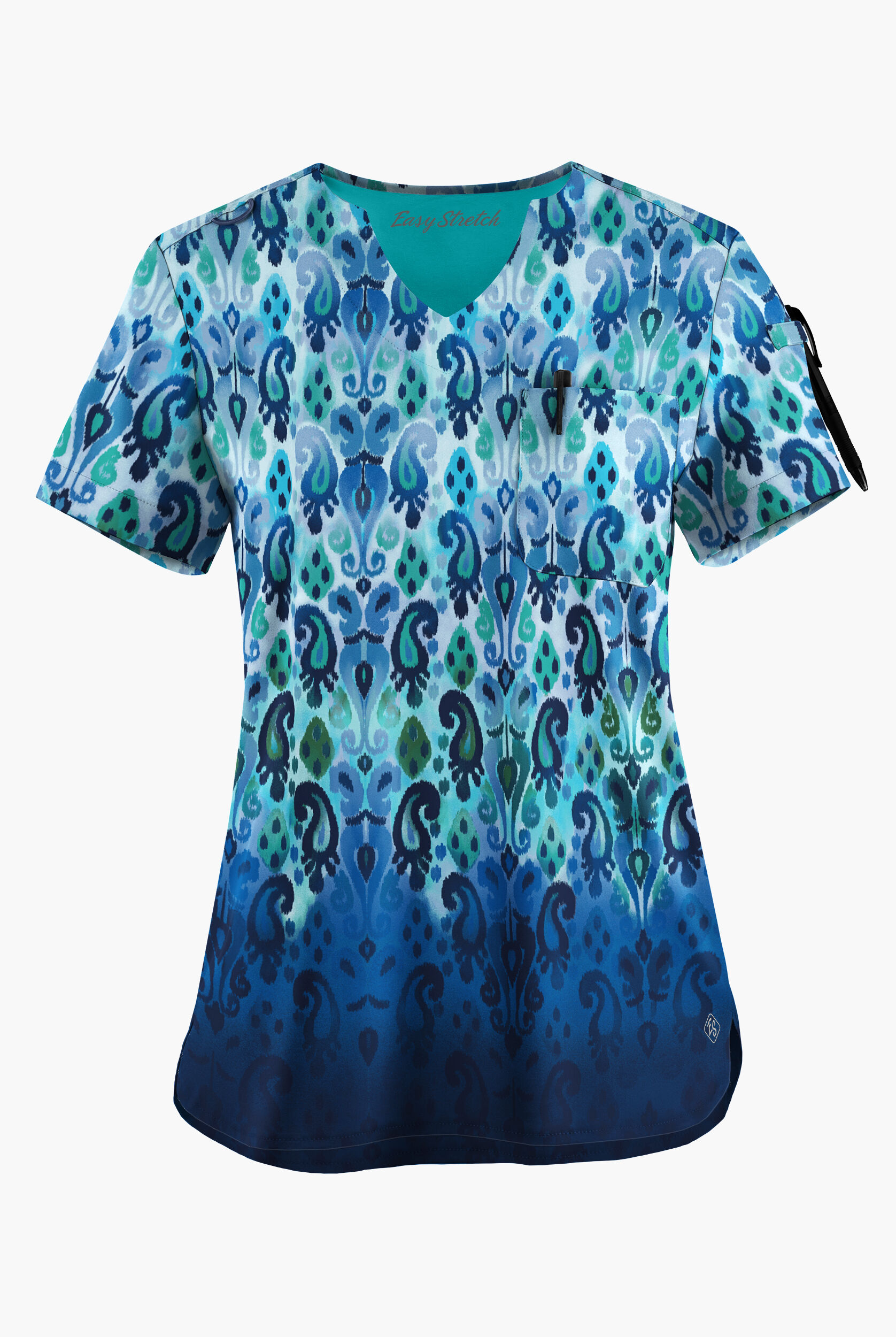 Easy STRETCH Gradient Ikat Navy Women's 1-Pocket Scallop Neck Tuck-In ...