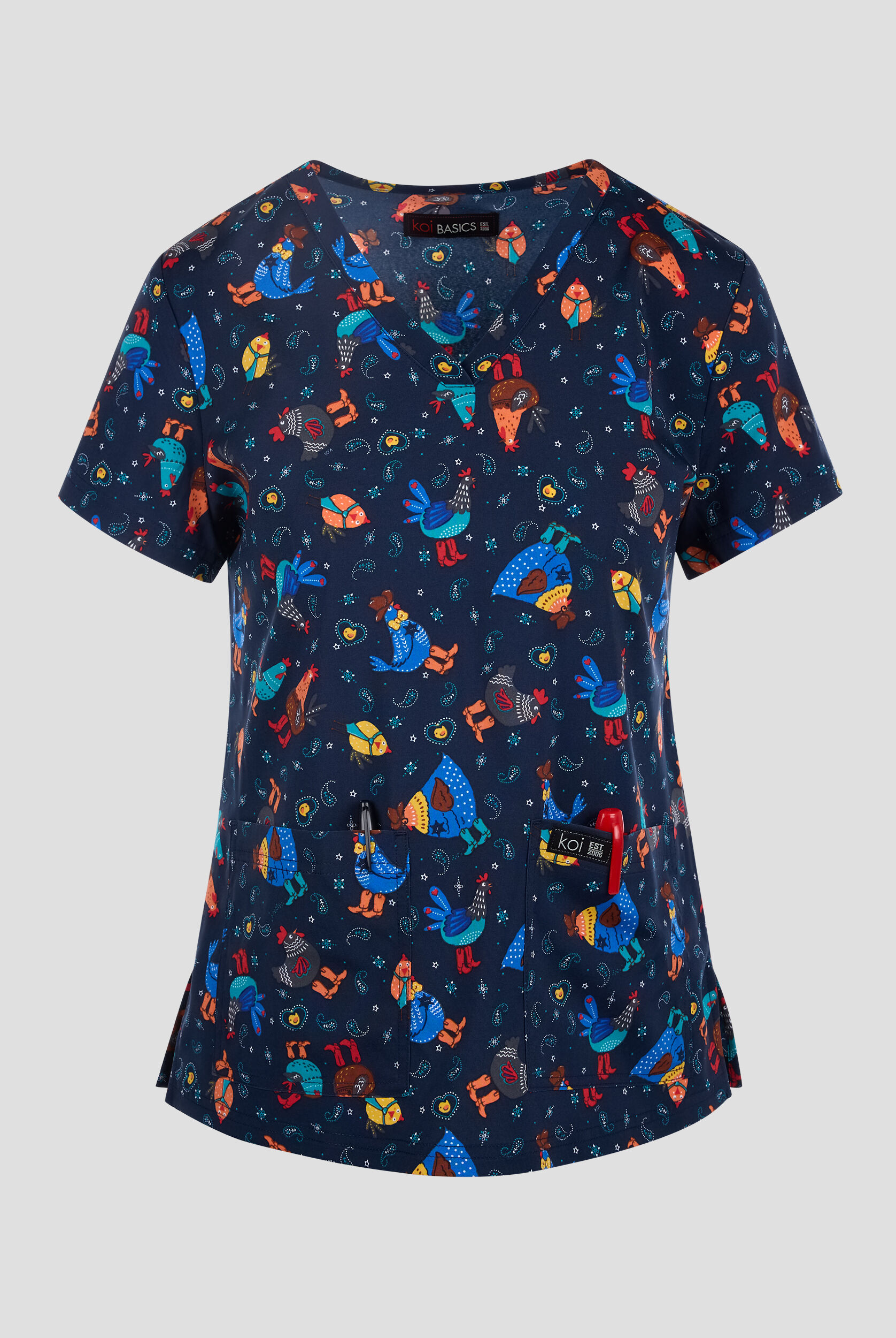 koi Basics Cowboy Chicken Women's 2-Pocket STRETCH V-Neck Print Scrub ...