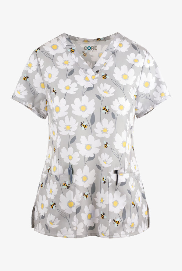 UA Exclusive Maevn Floral Busy Bees Women's 3-Pocket V-Neck Print Scrub ...