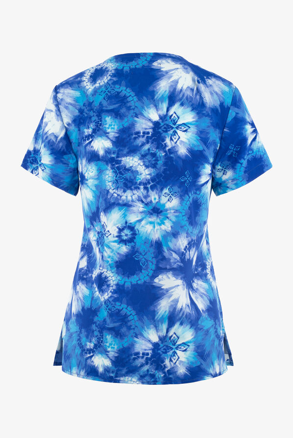 White Cross Batik Tie Dye Women's V-Neck Print Scrub Top, Print Scrubs