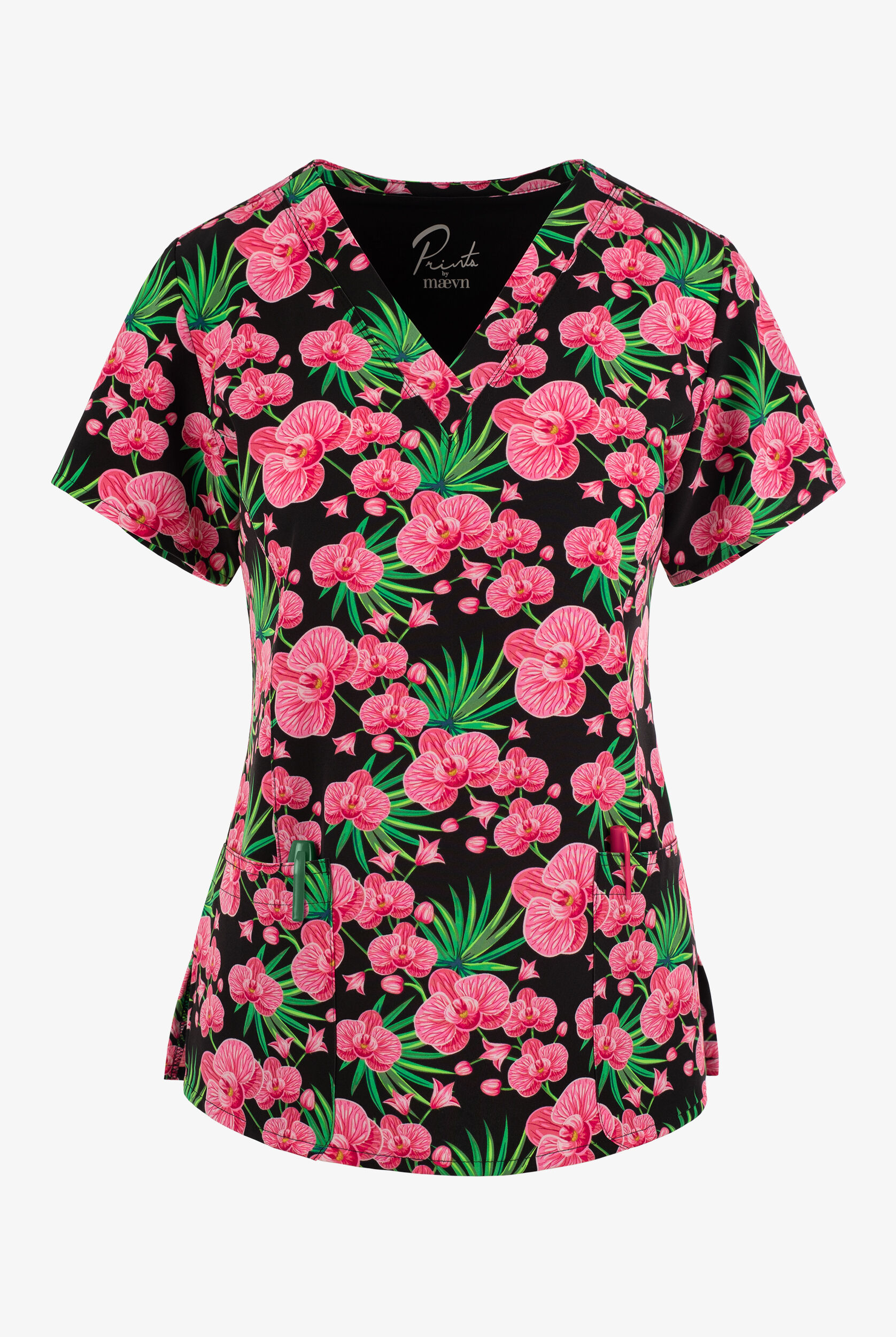 Maevn Orchid Nights Floral Women's 3-Pocket STRETCH V-Neck Print Scrub ...