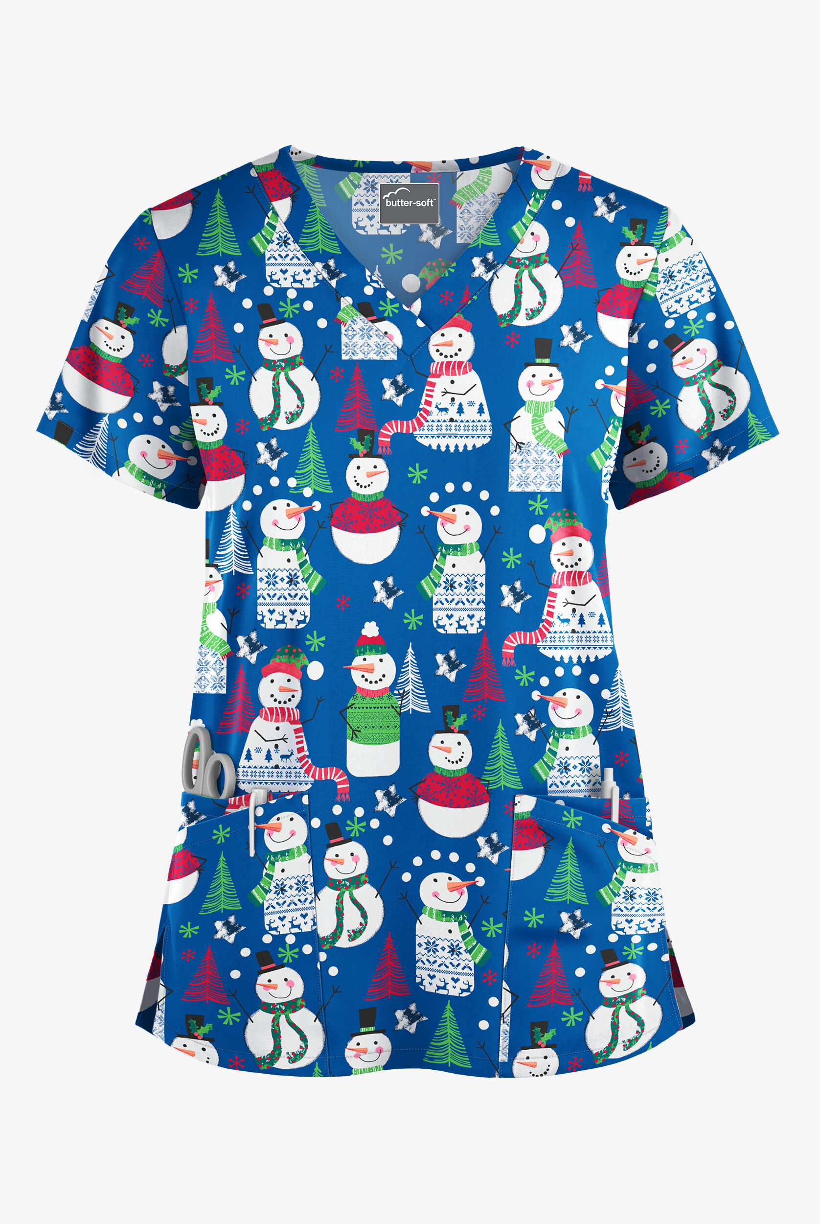 UA Butter-Soft Juggling Snowman Royal Women's 4-Pocket Rounded V-Neck ...