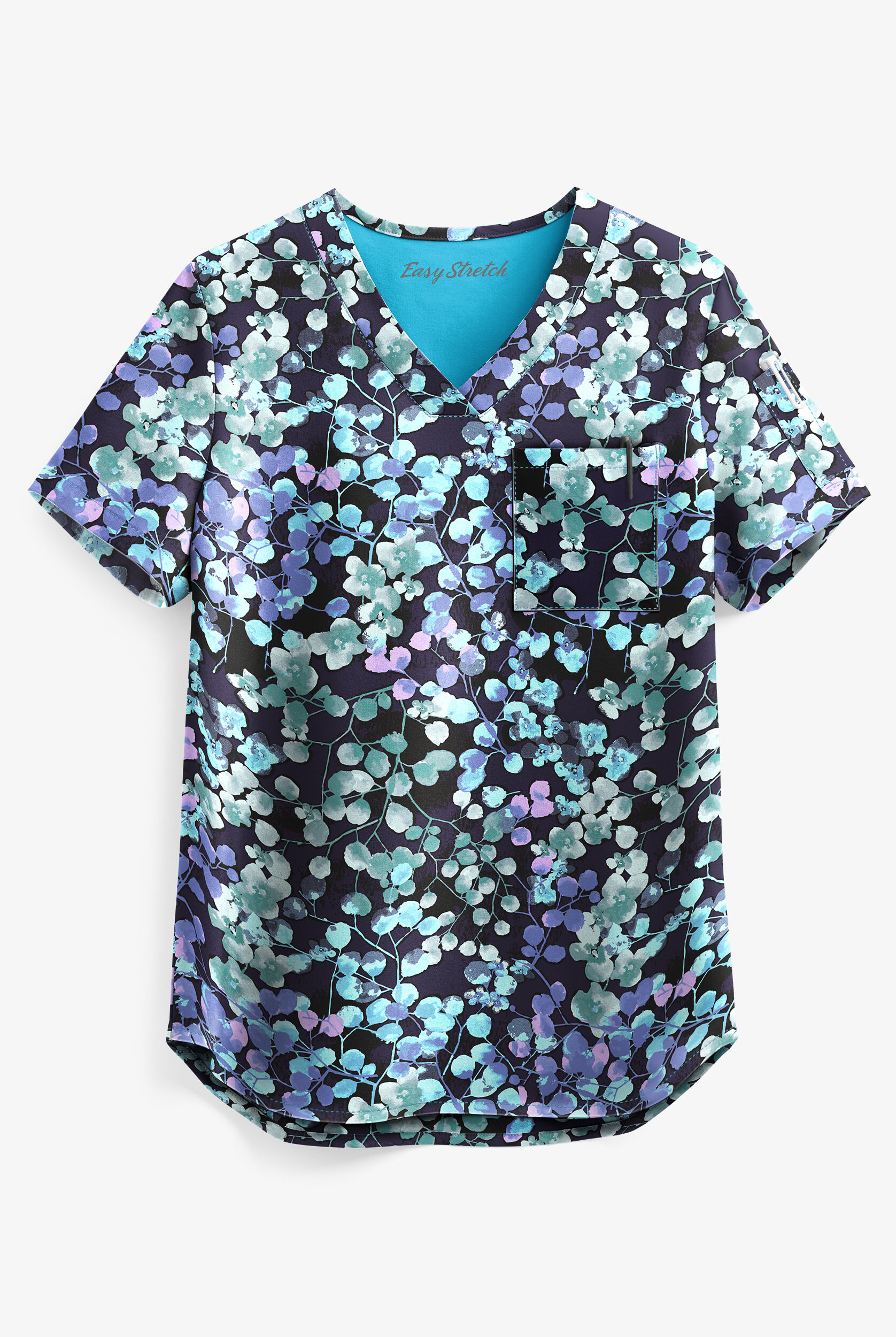 Easy STRETCH Floral Blossoms Onyx Black Print Scrub Top, Floral Scrubs