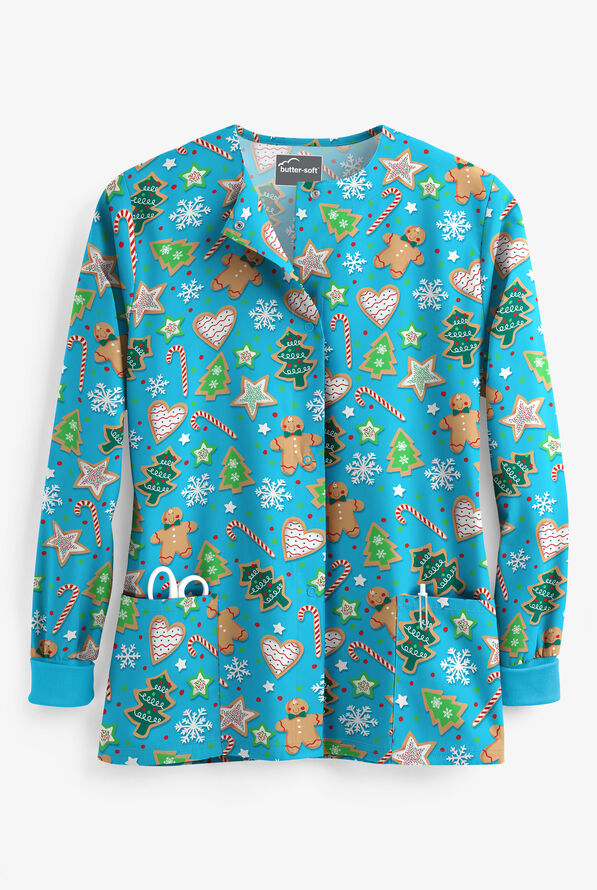 UA Winter Treats Turquoise Warm Up Print Scrub Jacket, Holiday Scrubs
