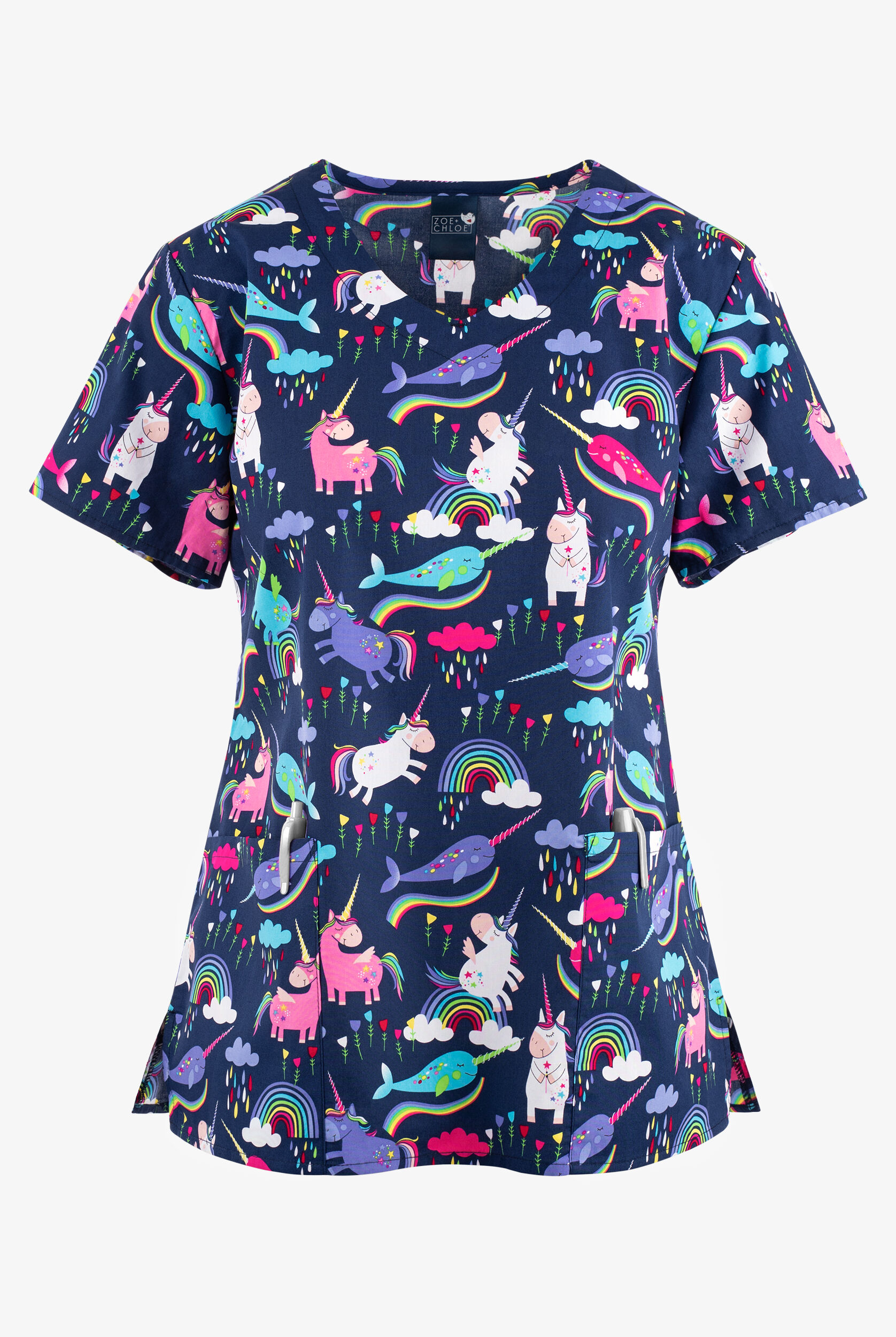 Zoe & Chloe Magical Wishes 2-Pocket V-Neck Print Top, Stretch Scrubs