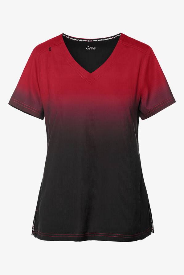 koi Lite™ Reform Ruby/Black Ombre Women's 2-Pocket STRETCH V-Neck Print Scrub Top