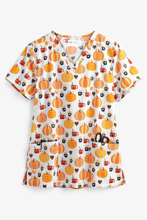 Tasha and Me Pumpkin Spice 2-Pocket Print Scrub Top, Holiday Scrubs