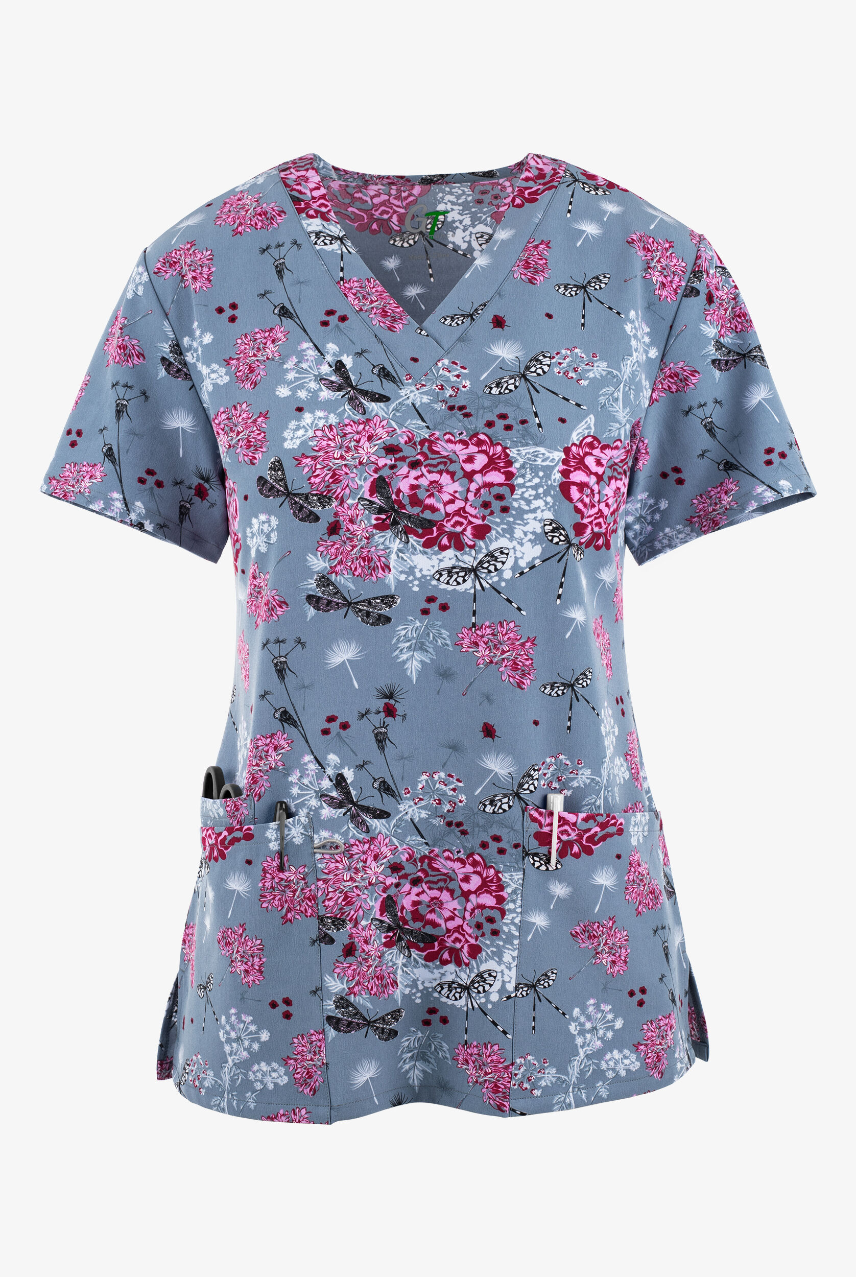 Green Town Fairy Floral 3-Pocket V-Neck Print Scrub Top, Floral Scrubs