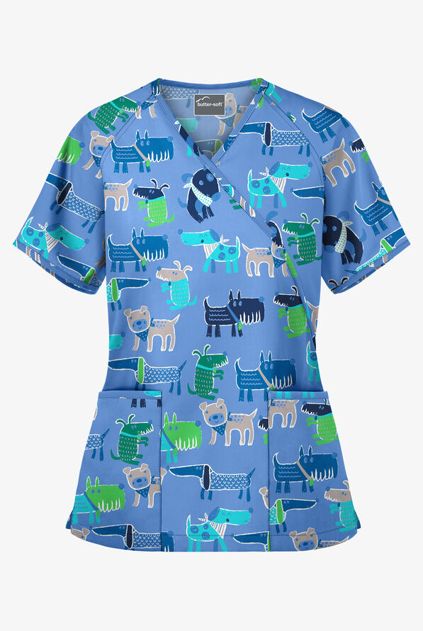 UA Butter-Soft Dog Walk Ceil Women's 2-Pocket Mock Wrap Print Scrub Top ...