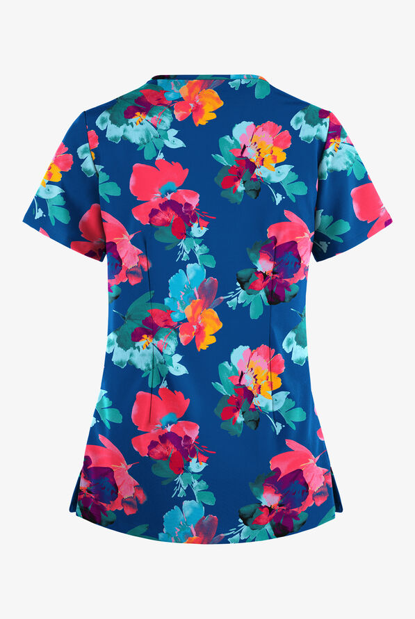 Easy Stretch Sweet Blossoms Royal Women's 4-Pocket Lace Up V-Neck Print ...