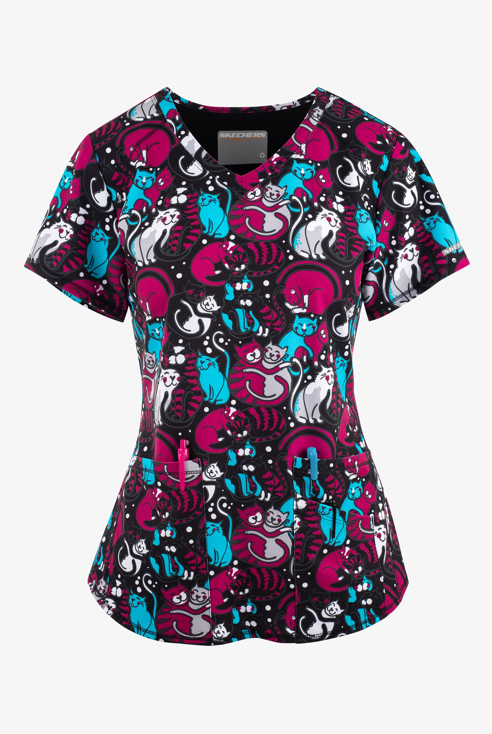Skechers by Barco Cuddle Kitties Women's 3-pocket STRETCH V-Neck Print Scrub Top, Animal Scrubs