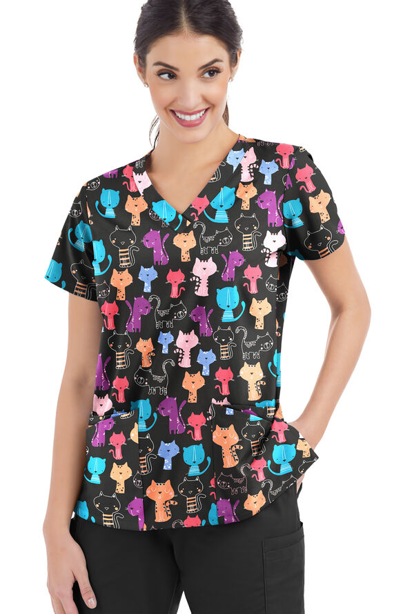 Strictly Scrubs Paris Cats Black Women's 4-Pocket Rounded V-Neck Print ...