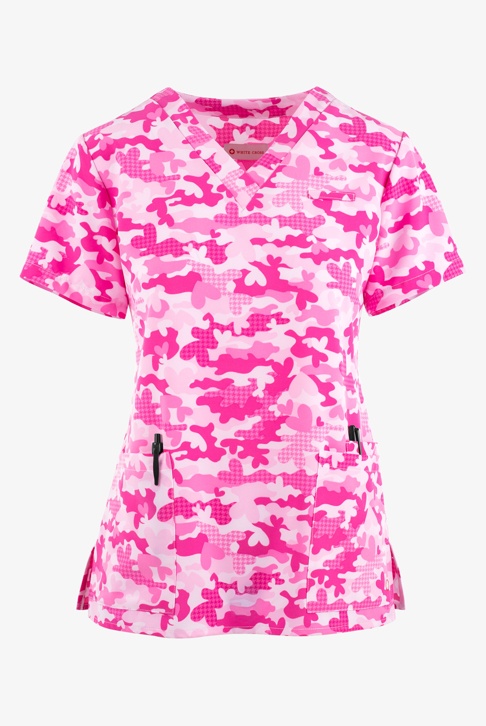 White Cross Love Rose Camo Women's 3-pocket STRETCH V-Neck Print Scrub ...
