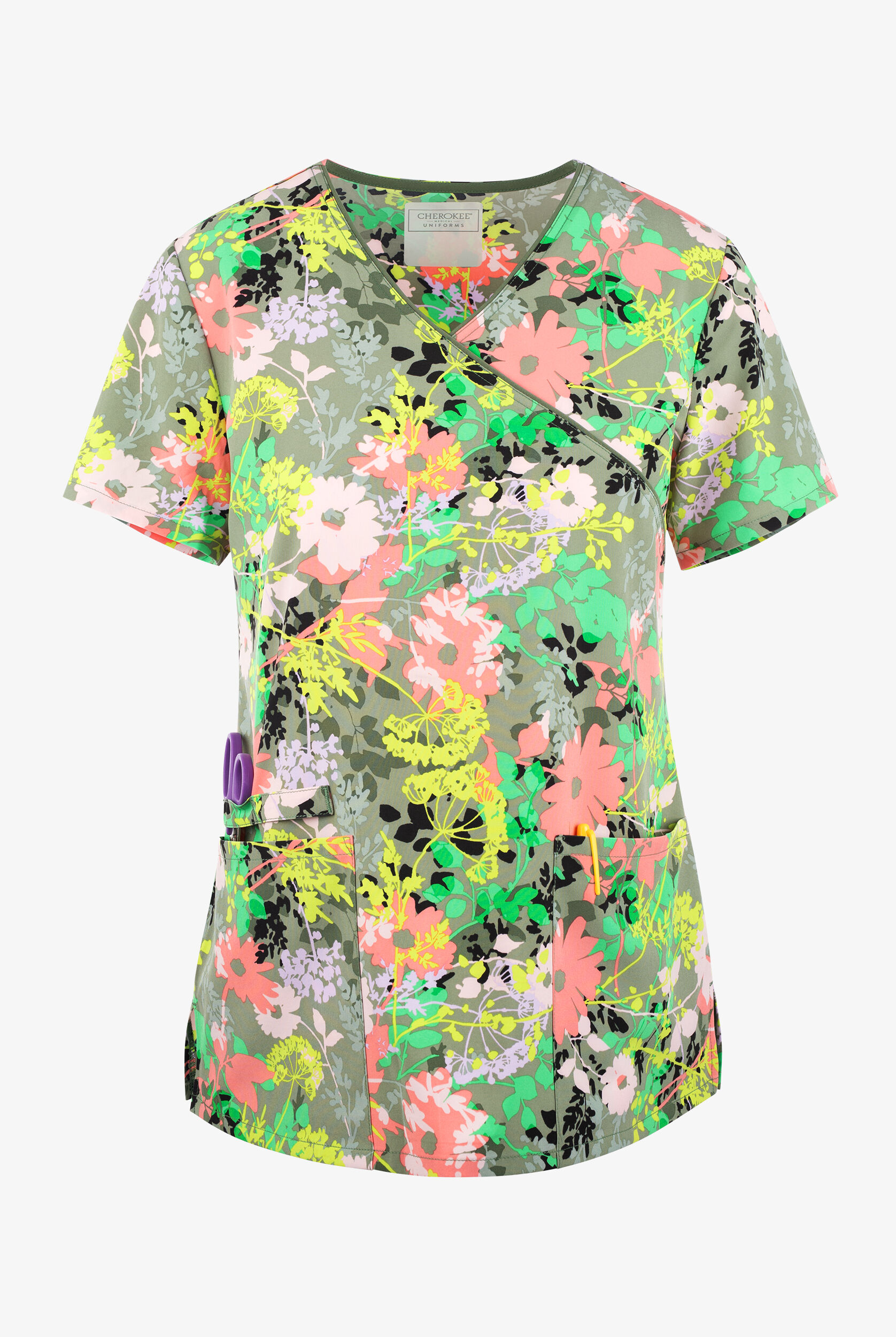 Cherokee Botanics In Bloom Floral Women's 2-Pocket STRETCH Mock Wrap ...
