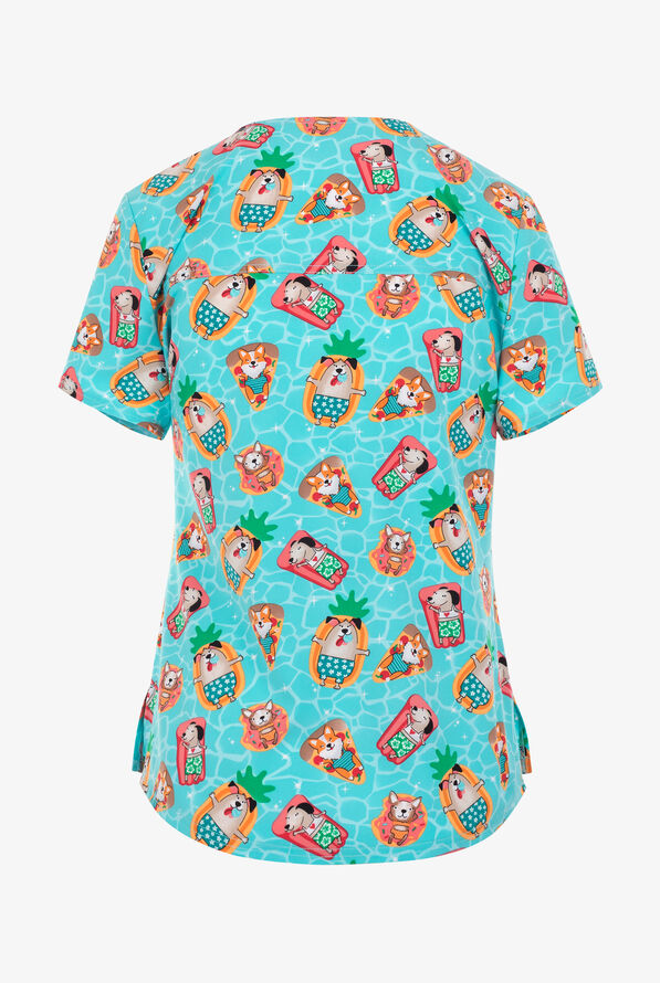 Cherokee Dogs Pool Paw-rty Women's 2-Pocket STRETCH V-Neck Print Scrub ...