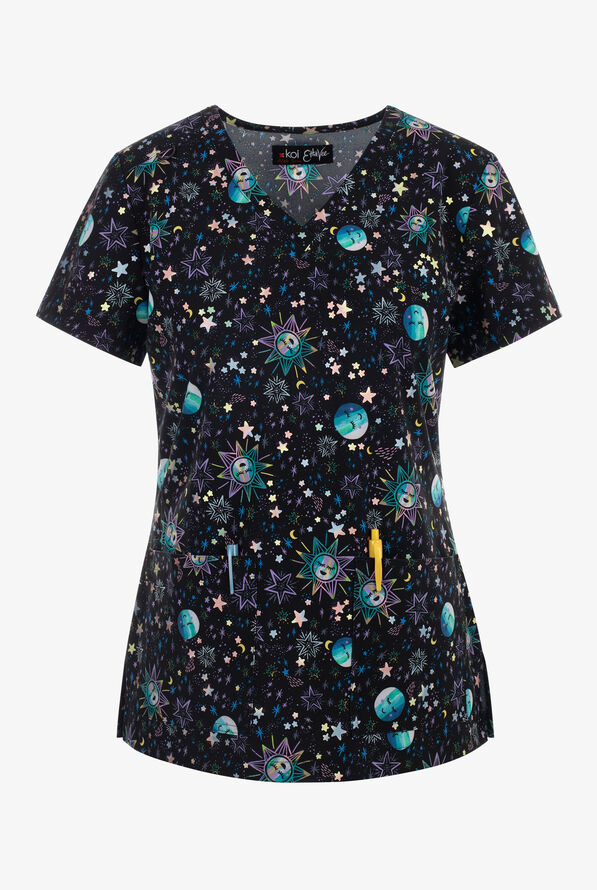 koi Lite Iridescent Moon and Sun Women's 2-Pocket V-Neck Print Scrub ...