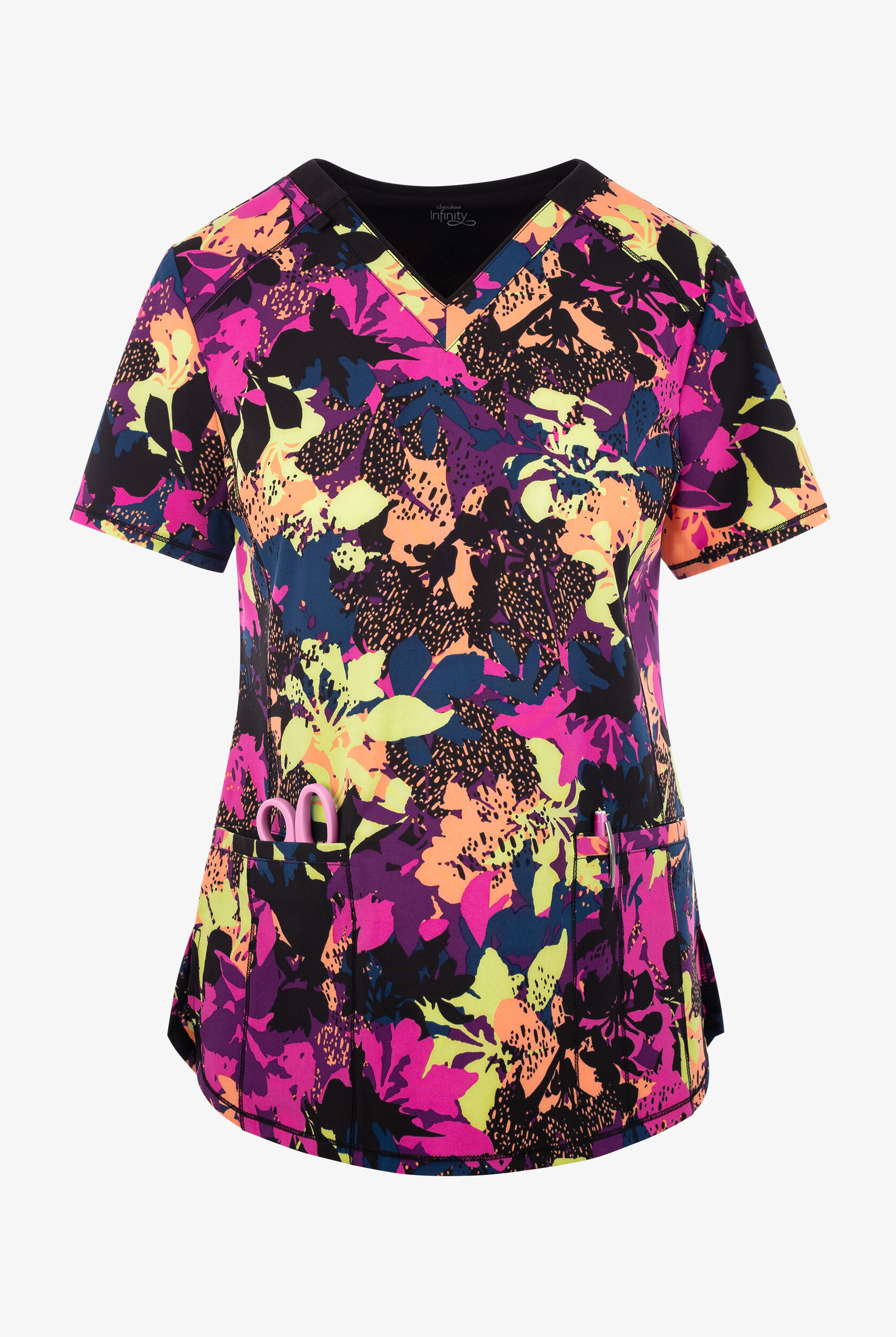 Infinity Bold Botanics Floral Women's 2-Pocket STRETCH V-Neck Print ...